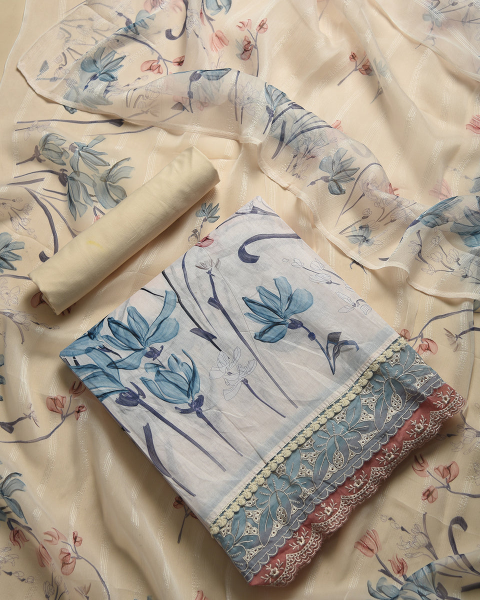 Cream Fine Organdy Printed Unstitched Suit Fabric Set With Chiffon Pri ...