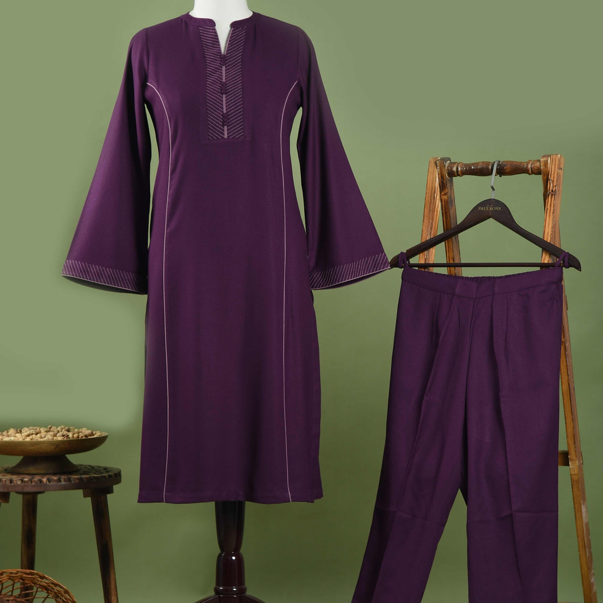 Purple With Chevron Placket Winter Wear Wool Spun Blend Kurta Set-Regu ...