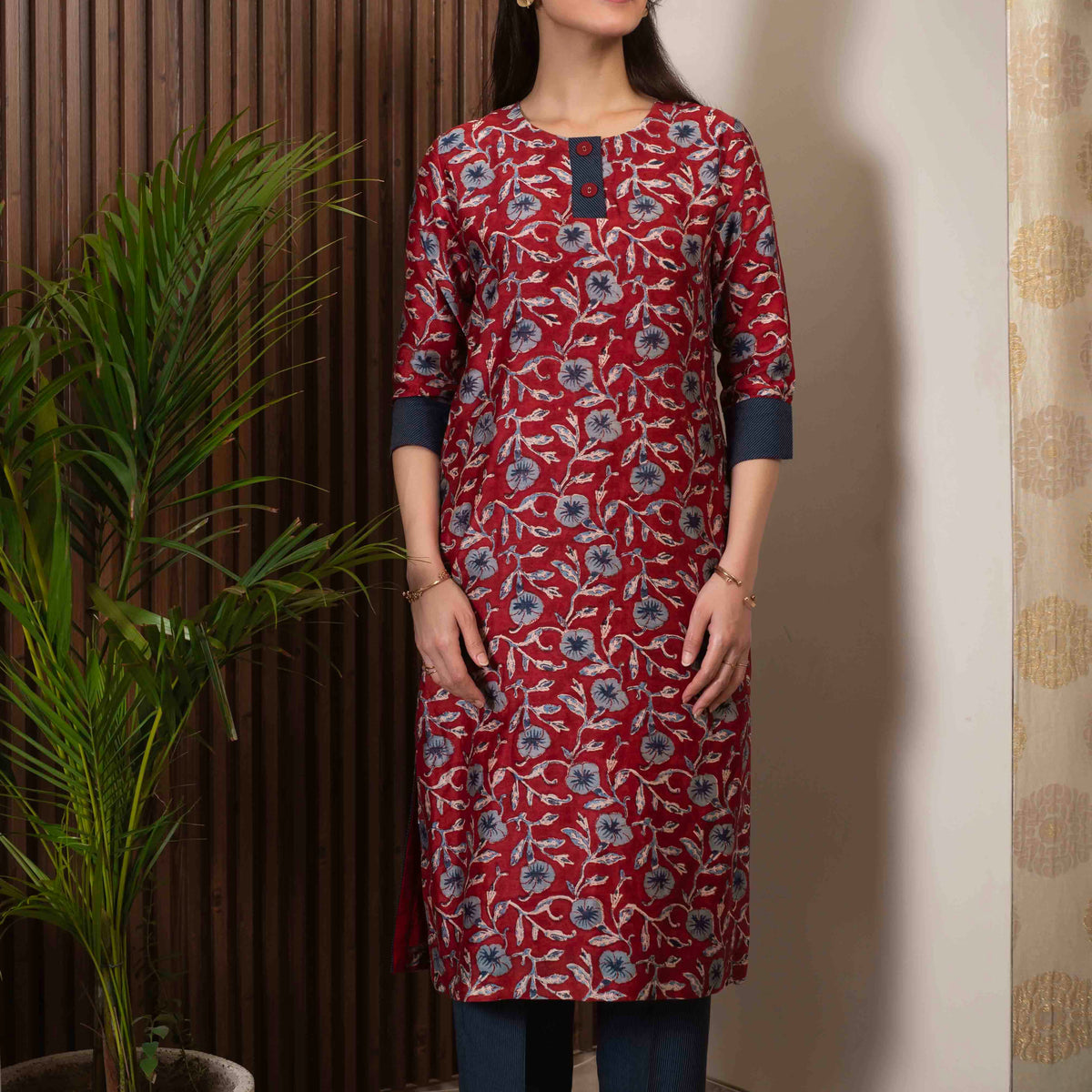 Maroon Chanderi Hand Block Printed With Embroidery Kurta Set With Cott ...