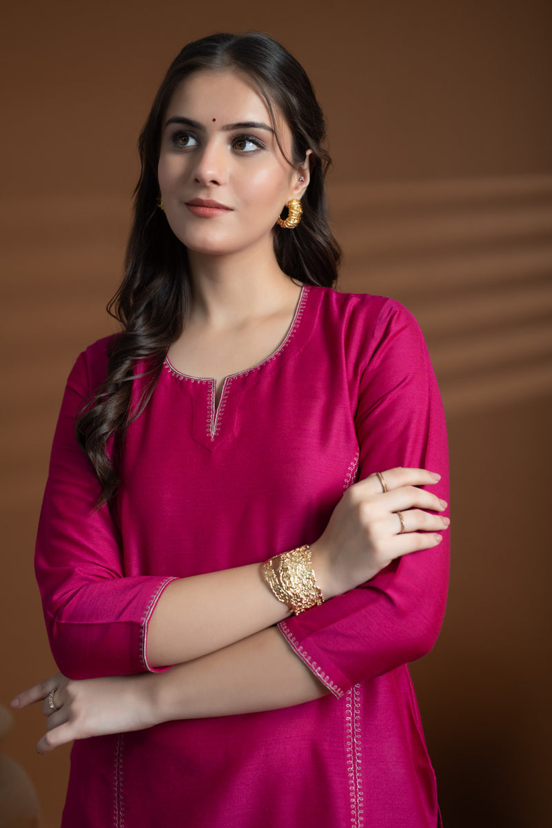 Rani Pink Cotton Silk Zari Work Princess Line Kurta Set – Regular Fit ...
